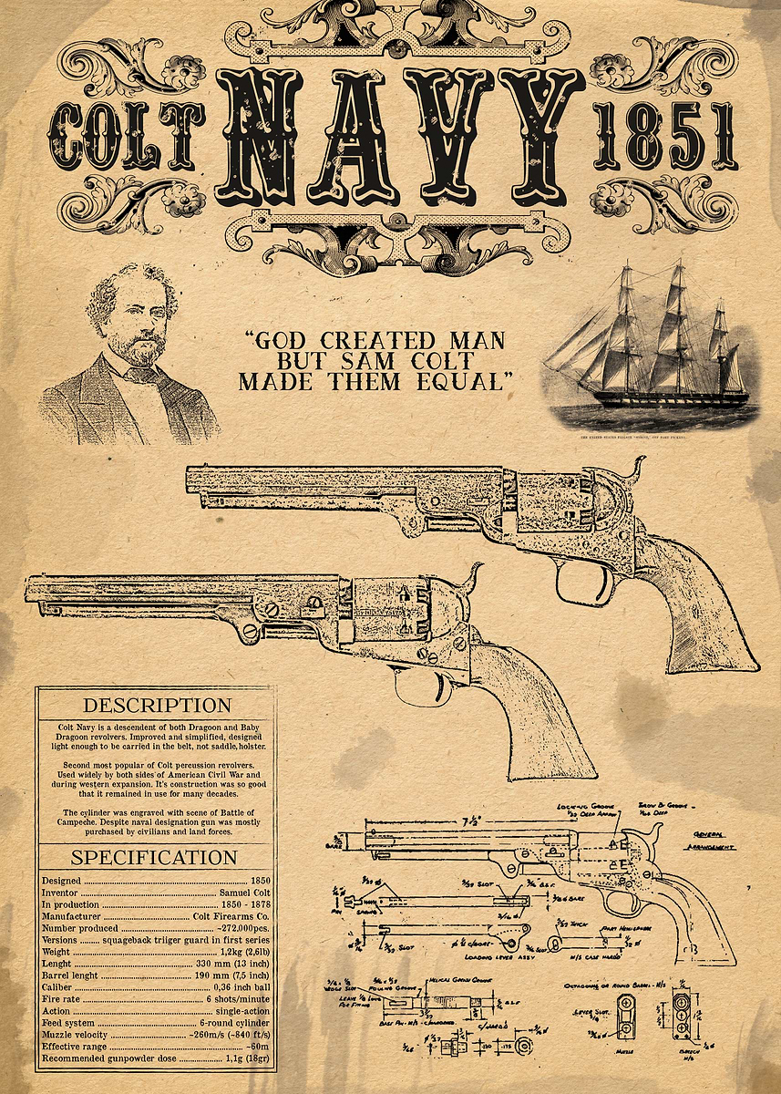 'Colt Navy 1851 Revolver' Poster, picture, metal print, paint by Prus ...
