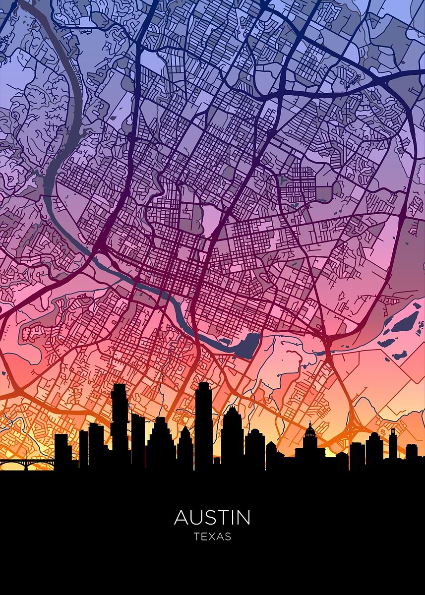 'Austin Texas Skyline Map' Poster, picture, metal print, paint by ...