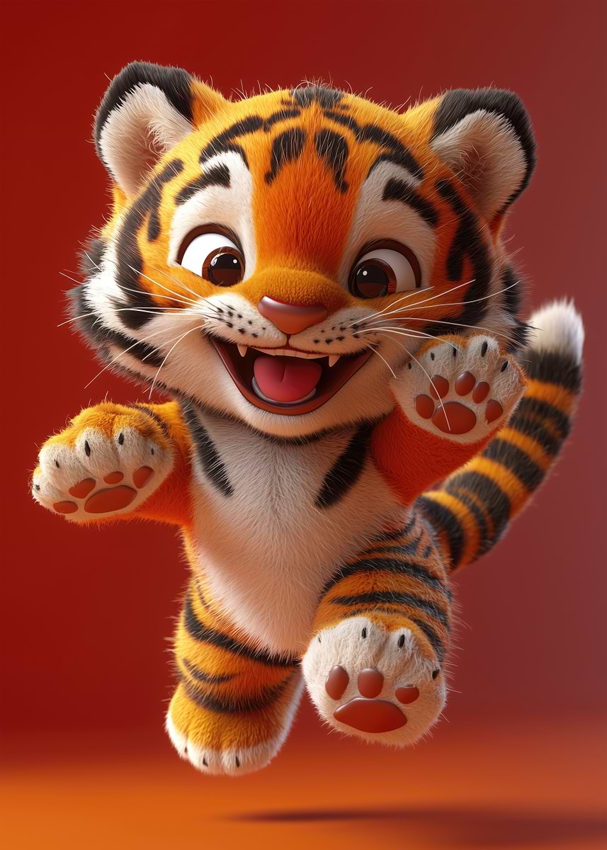 'Cute Tiger Jumping with Joy' Poster, picture, metal print, paint by ...