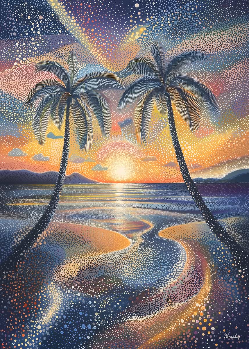 'Tropical Sunset in Pointillist Style' Poster, picture, metal print ...
