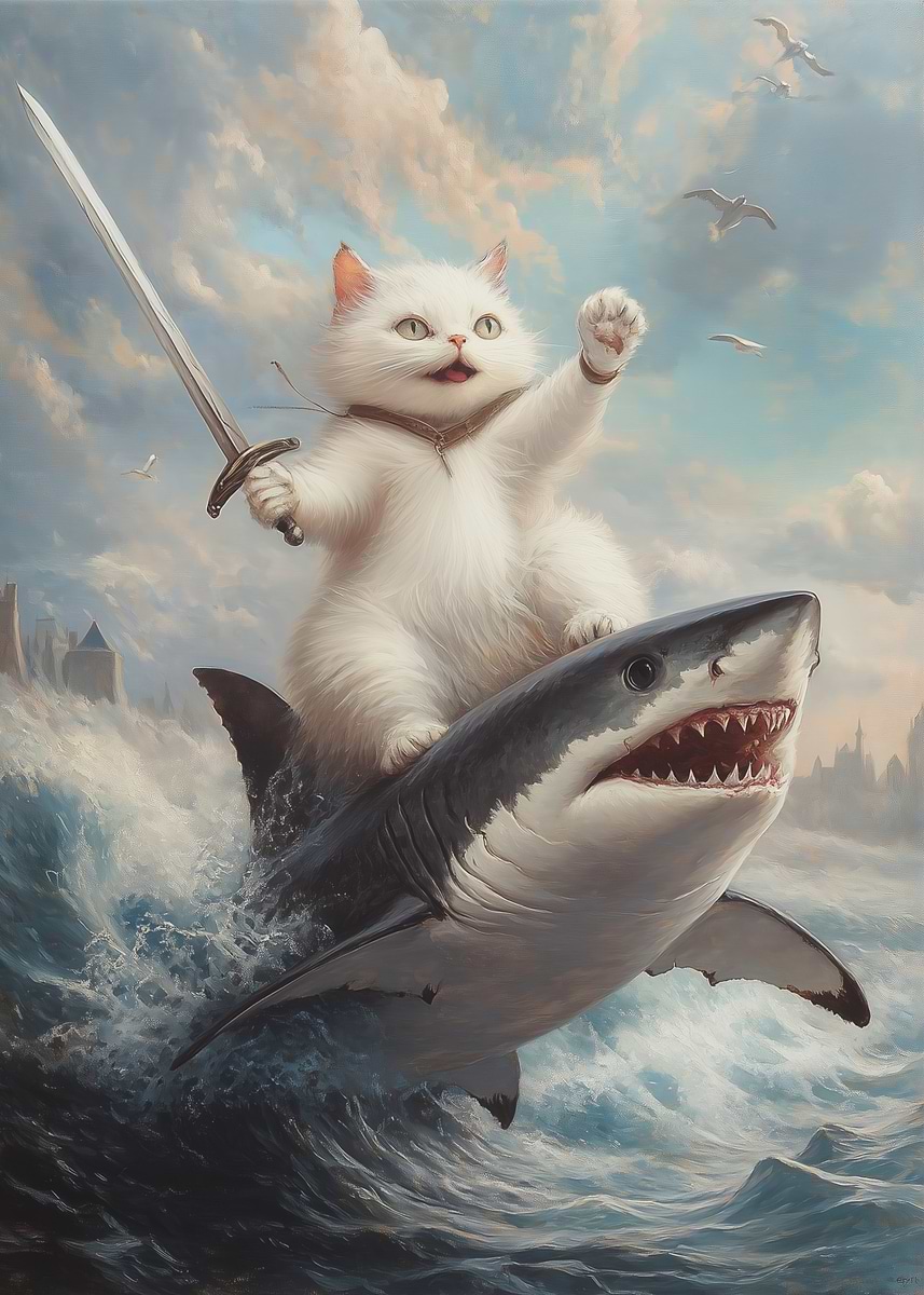 'Cat Riding Shark' Poster, picture, metal print, paint by Tesiga | Displate