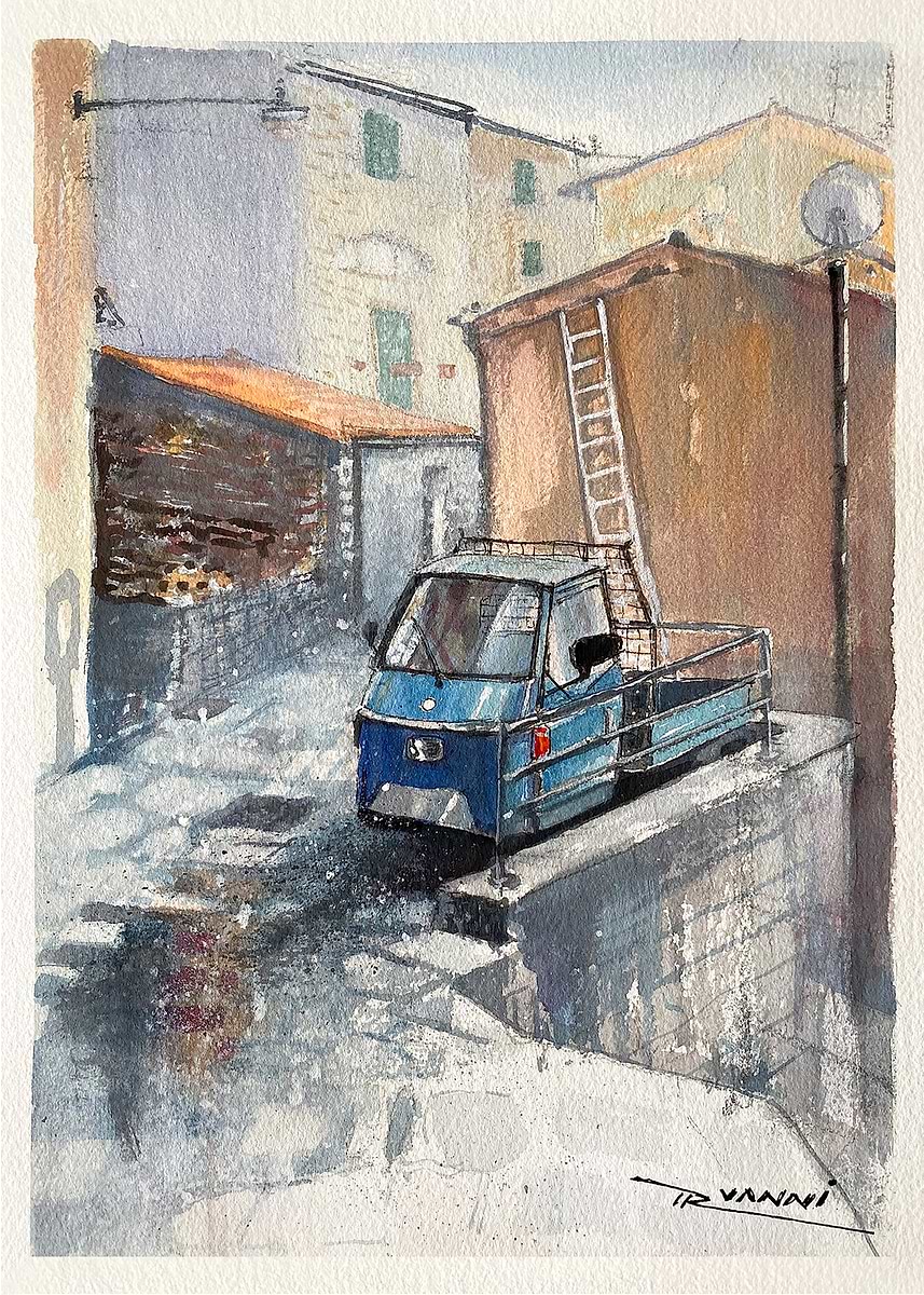 'Blue Piaggio Ape in Italian Alley' Poster, picture, metal print, paint ...
