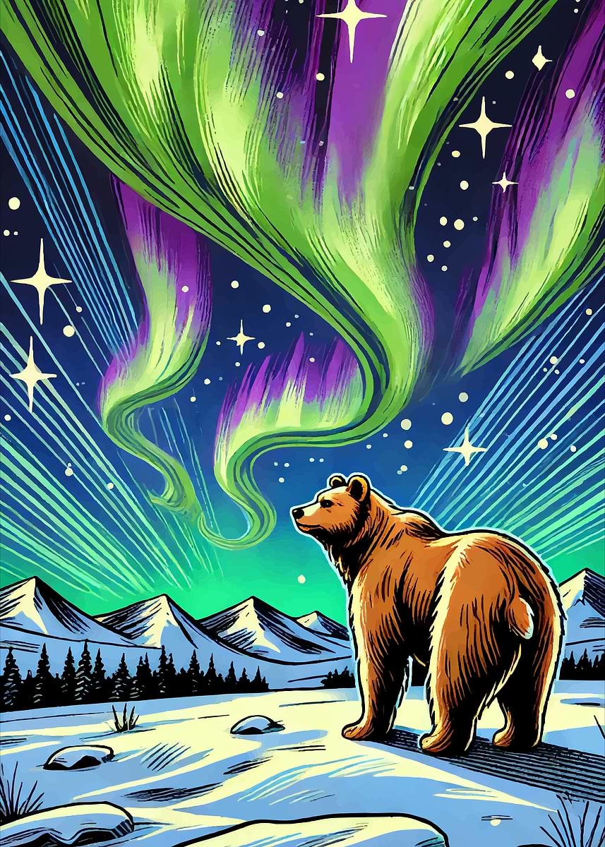 'Bear Under Northern Lights' Poster, picture, metal print, paint by ...