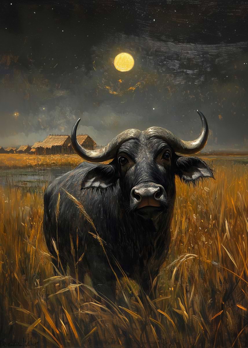 'African Buffalo Under Moonlight' Poster, picture, metal print, paint ...