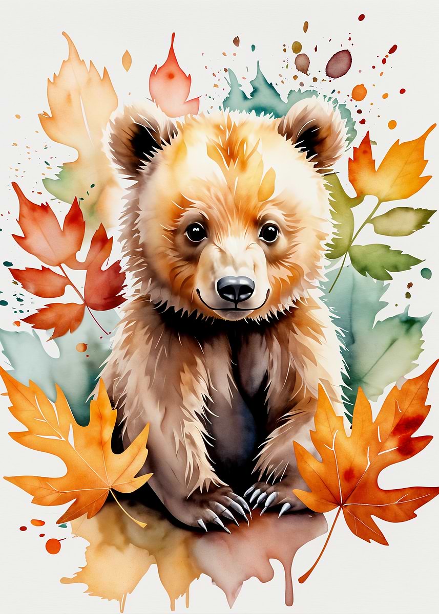 'Bear cub with autumn leaves' Poster, picture, metal print, paint by ...