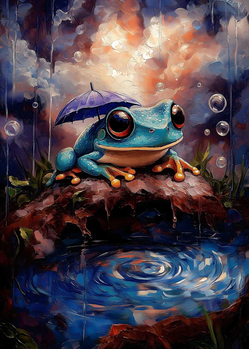 'Frog with Umbrella in Rain' Poster, picture, metal print, paint by ...