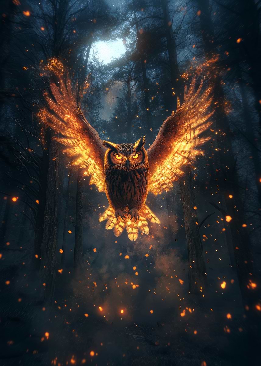 'Fiery Owl in Forest' Poster, picture, metal print, paint by Tesiga ...