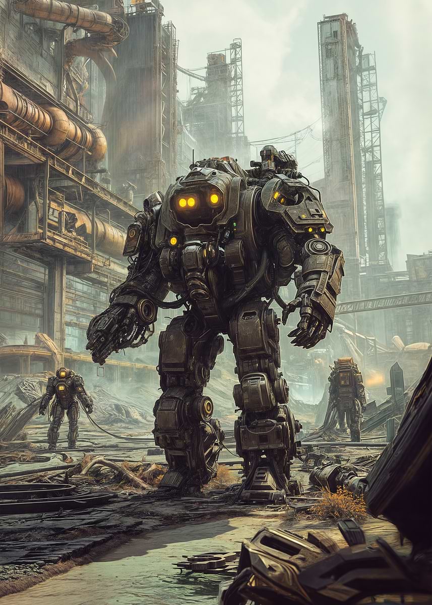 'Giant Mech in Post-Apocalyptic City' Poster, picture, metal print ...