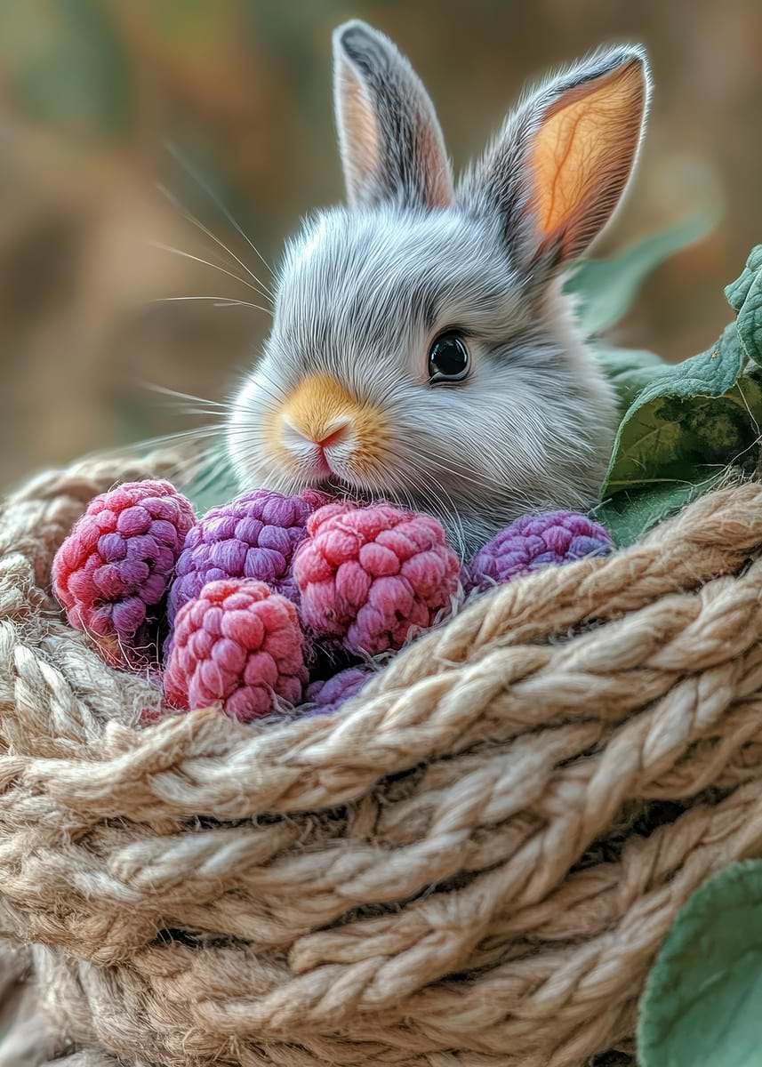 'Cute Bunny with Raspberries' Poster, picture, metal print, paint by ...