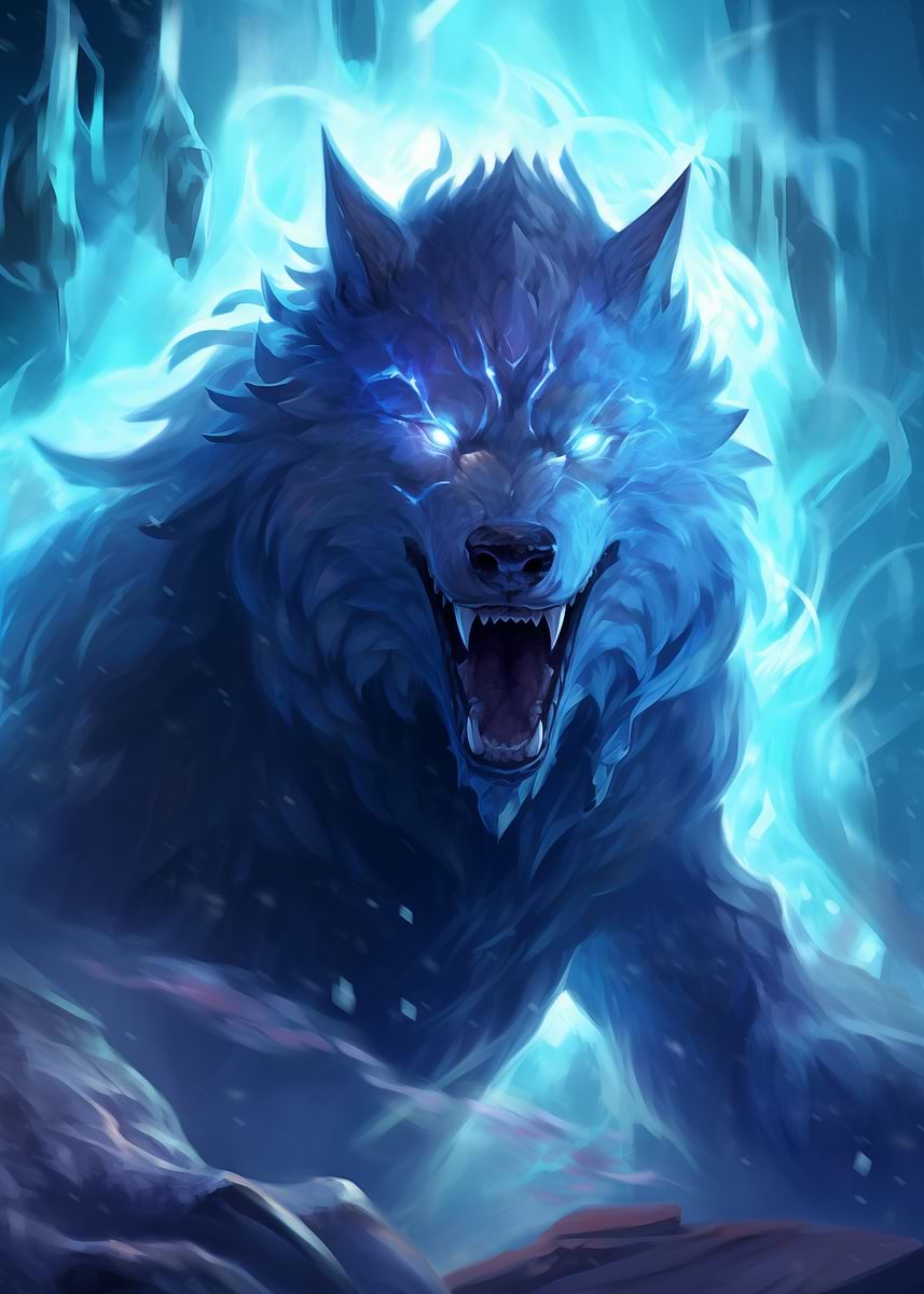 'Blue Fire Wolf' Poster, picture, metal print, paint by Dimy | Displate