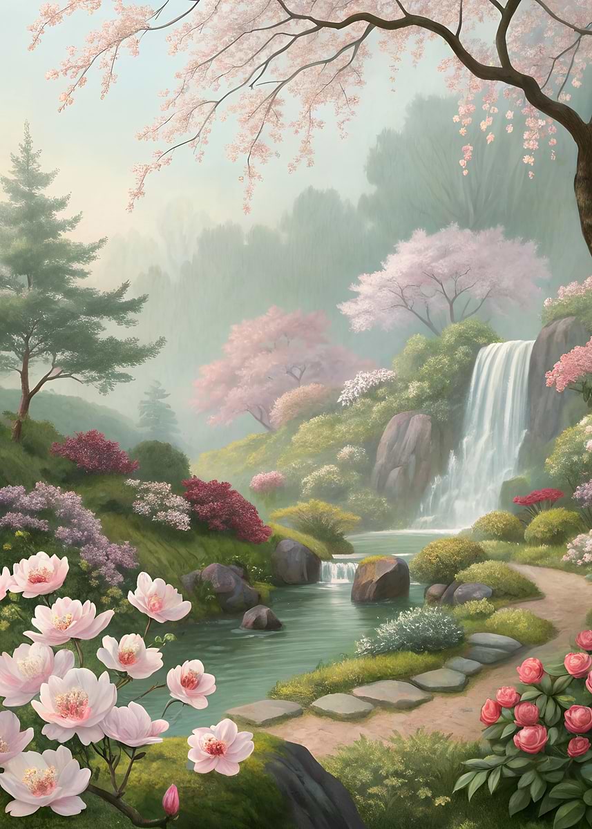 'Serene Waterfall Zen Garden' Poster, picture, metal print, paint by ...