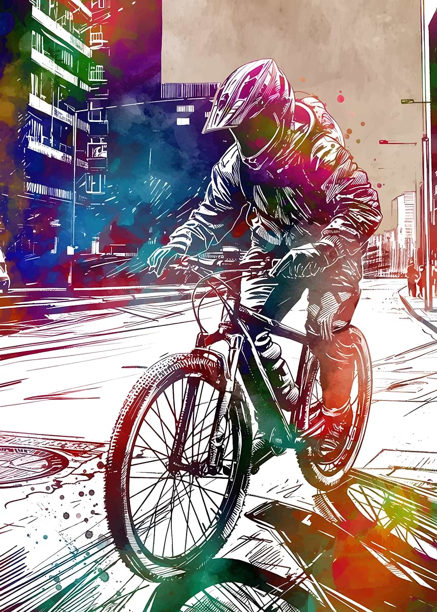 'Cyclist in City' Poster, picture, metal print, paint by 9874 | Displate