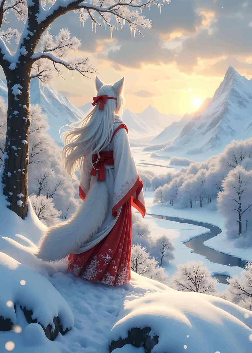 'Kitsune in Winter Wonderland' Poster, picture, metal print, paint by ...