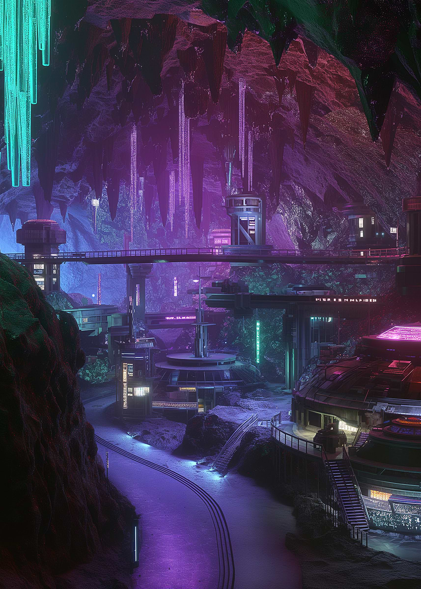 'Cyberpunk Cave City' Poster, picture, metal print, paint by Elena ...