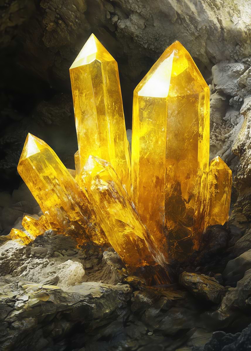 'Golden Sulfur Crystal Cluster' Poster, picture, metal print, paint by ...