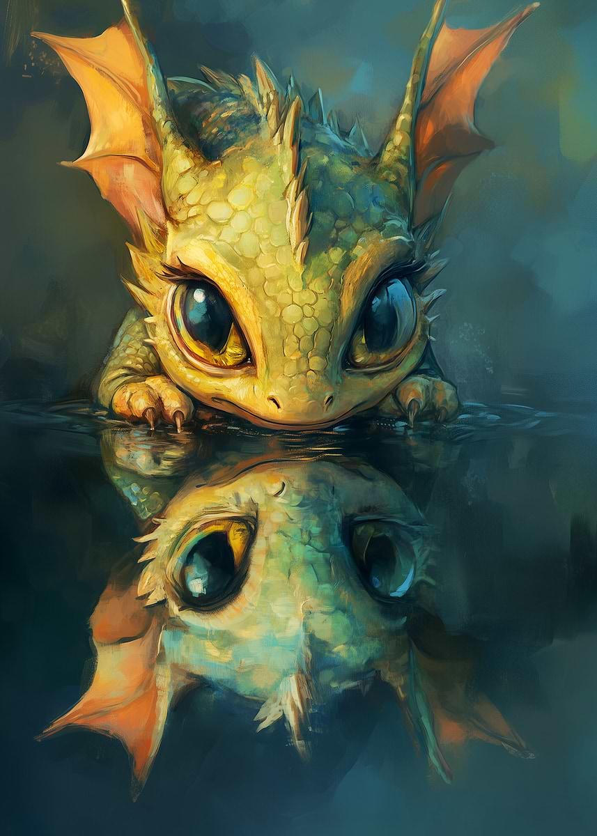 'Baby Dragon Drinking Water' Poster, picture, metal print, paint by ...