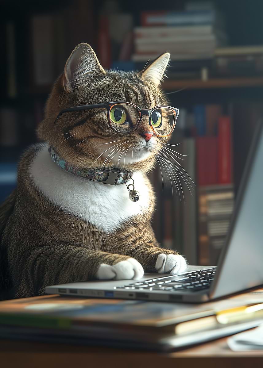 'Cat Working on Laptop' Poster, picture, metal print, paint by ...