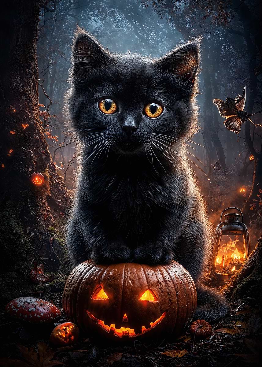 'Black Cat on Jack-o'-Lantern' Poster, picture, metal print, paint by ...