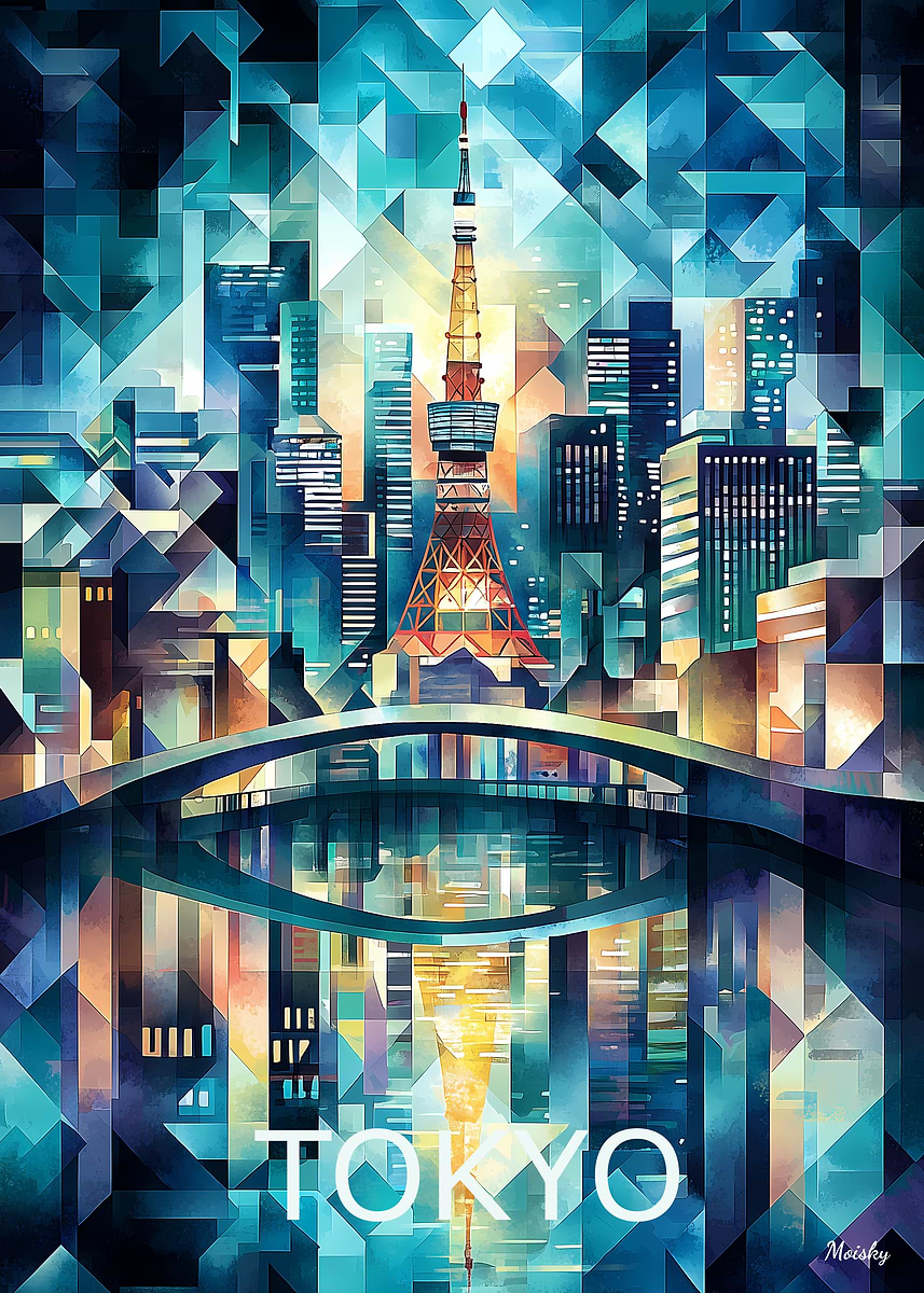 'Tokyo Geometric Skyline - Tokyo Tower & Cityscape Art' Poster, picture ...