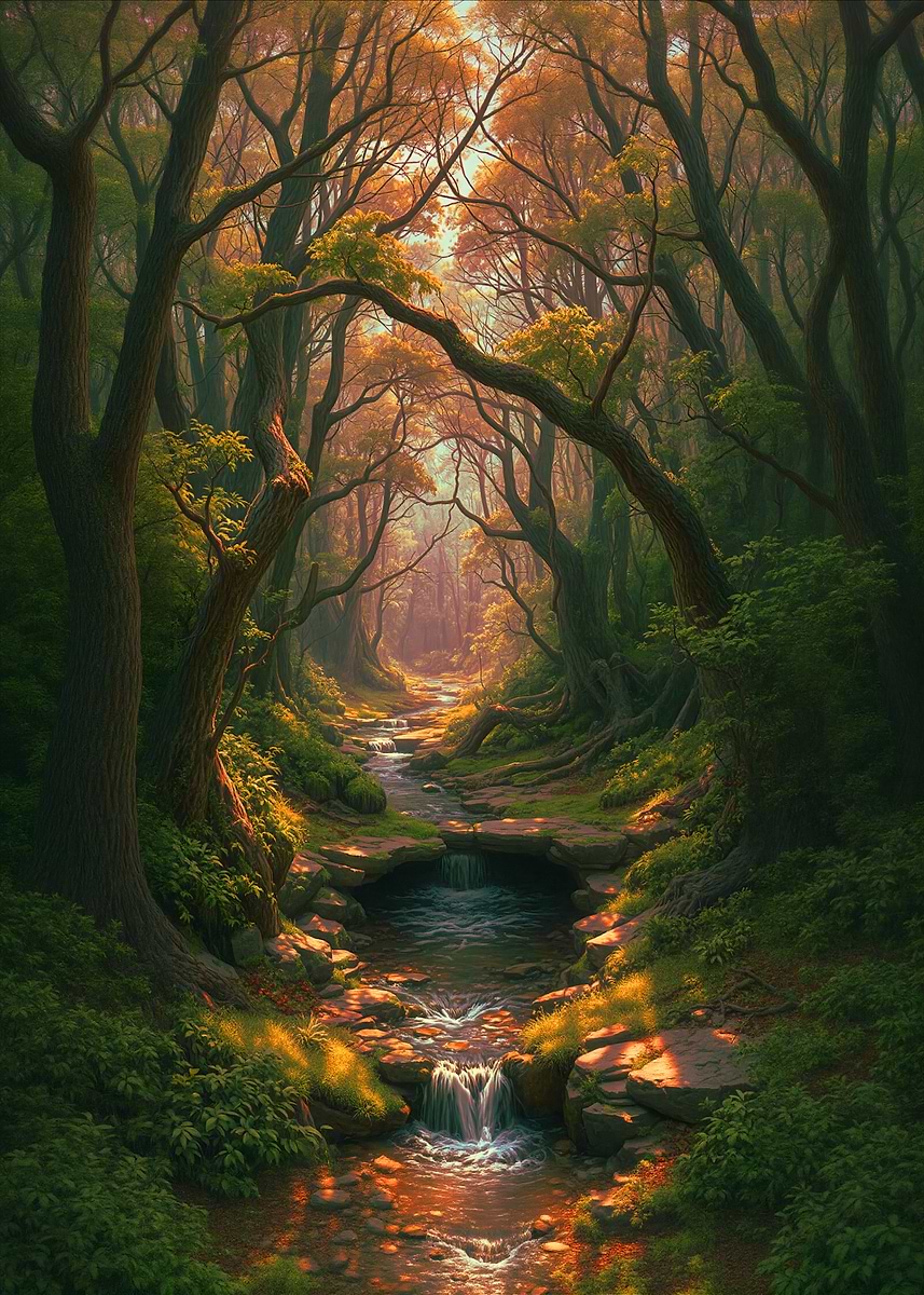 'Enchanted Forest Stream' Poster, picture, metal print, paint by KI ...
