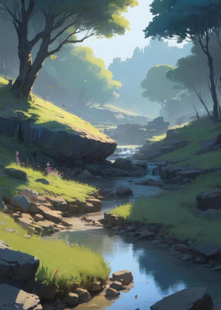 'Anime Lo-Fi Landscape of Serene Forest Stream' Poster, picture, metal ...