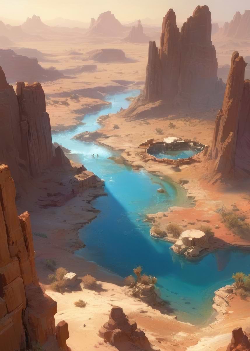 'Anime Lo-Fi Landscape of Desert Oasis' Poster, picture, metal print ...