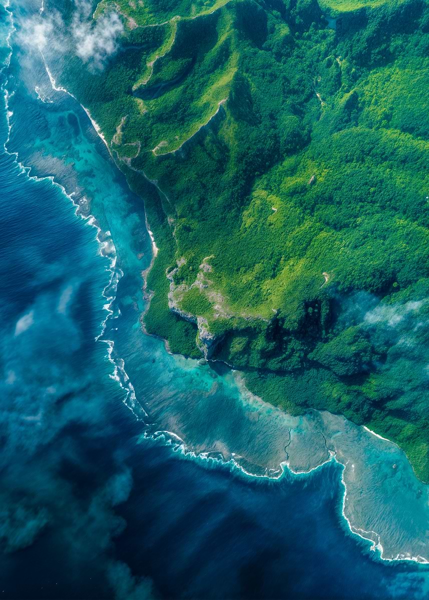 'Aerial View of Lush Island' Poster, picture, metal print, paint by ...