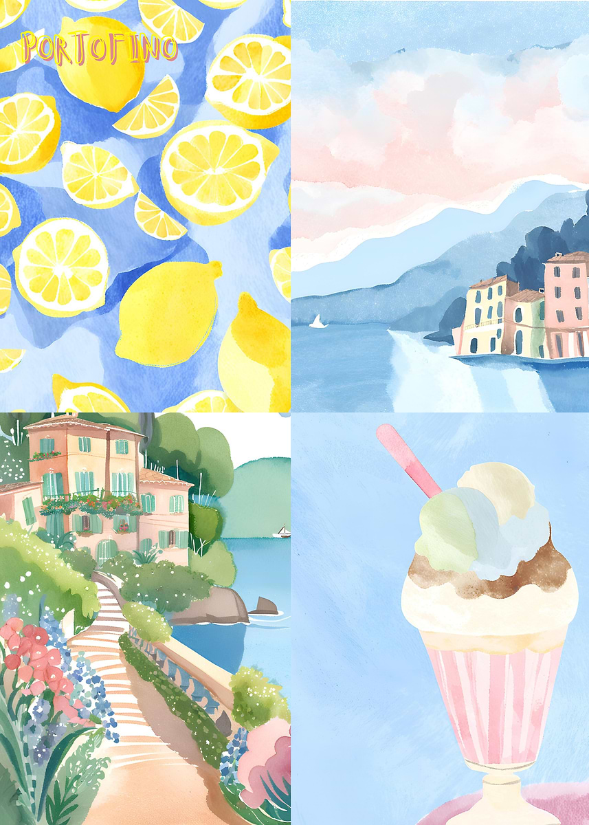 'Portofino Watercolor Collage' Poster, picture, metal print, paint by ...