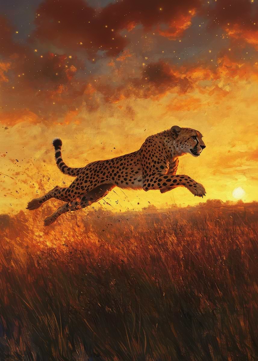 'Cheetah Leap at Sunset' Poster, picture, metal print, paint by Tesiga ...