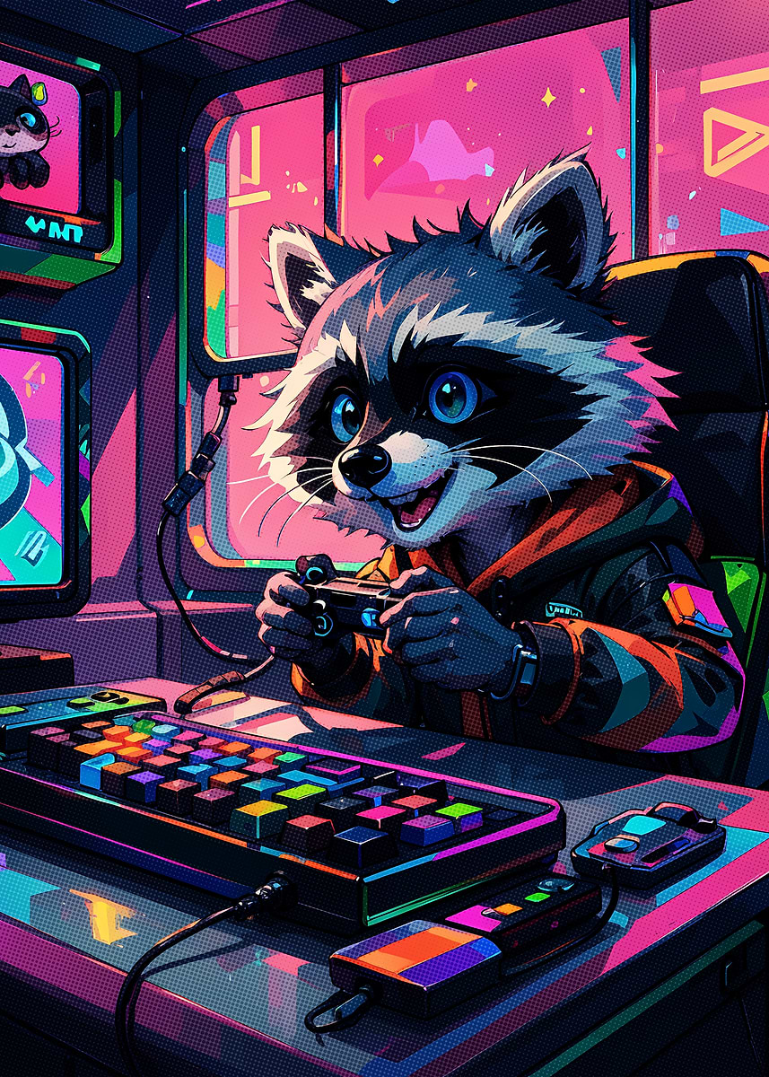 'Cyber Raccoon Gamer' Poster, picture, metal print, paint by Matcha ...