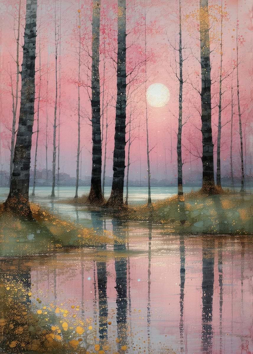 'Whimsical Pink Sunset Forest Landscape' Poster, picture, metal print ...