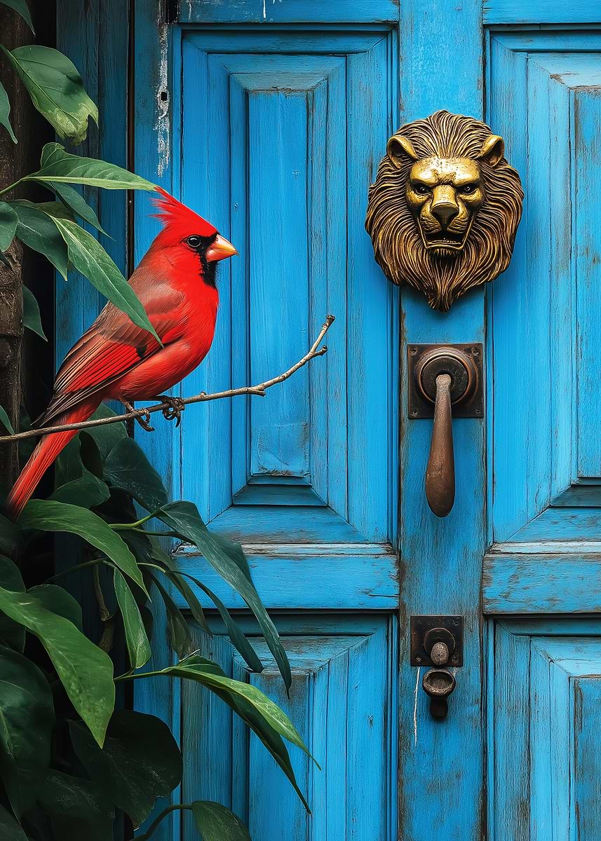 'Red Cardinal Bird and Lion Knocker on Door' Poster, picture, metal ...