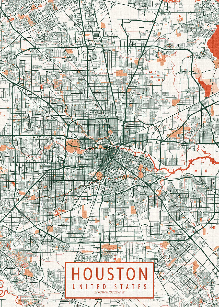 'Houston City Map USA Bohemian' Poster, picture, metal print, paint by ...