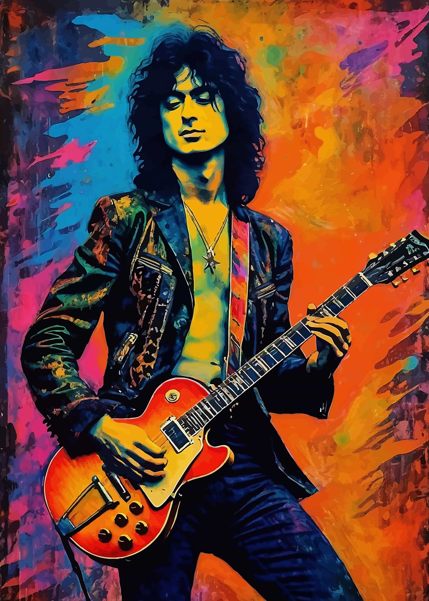 'Jimmy Page Guitarist in Vibrant Colors' Poster, picture, metal print ...