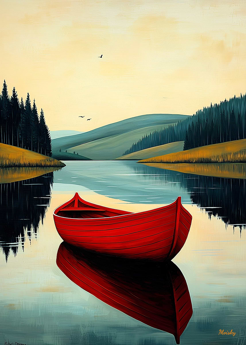 'Red Boat Reflection – Naïf Serene Lake Art' Poster, picture, metal print, paint by Moises ...