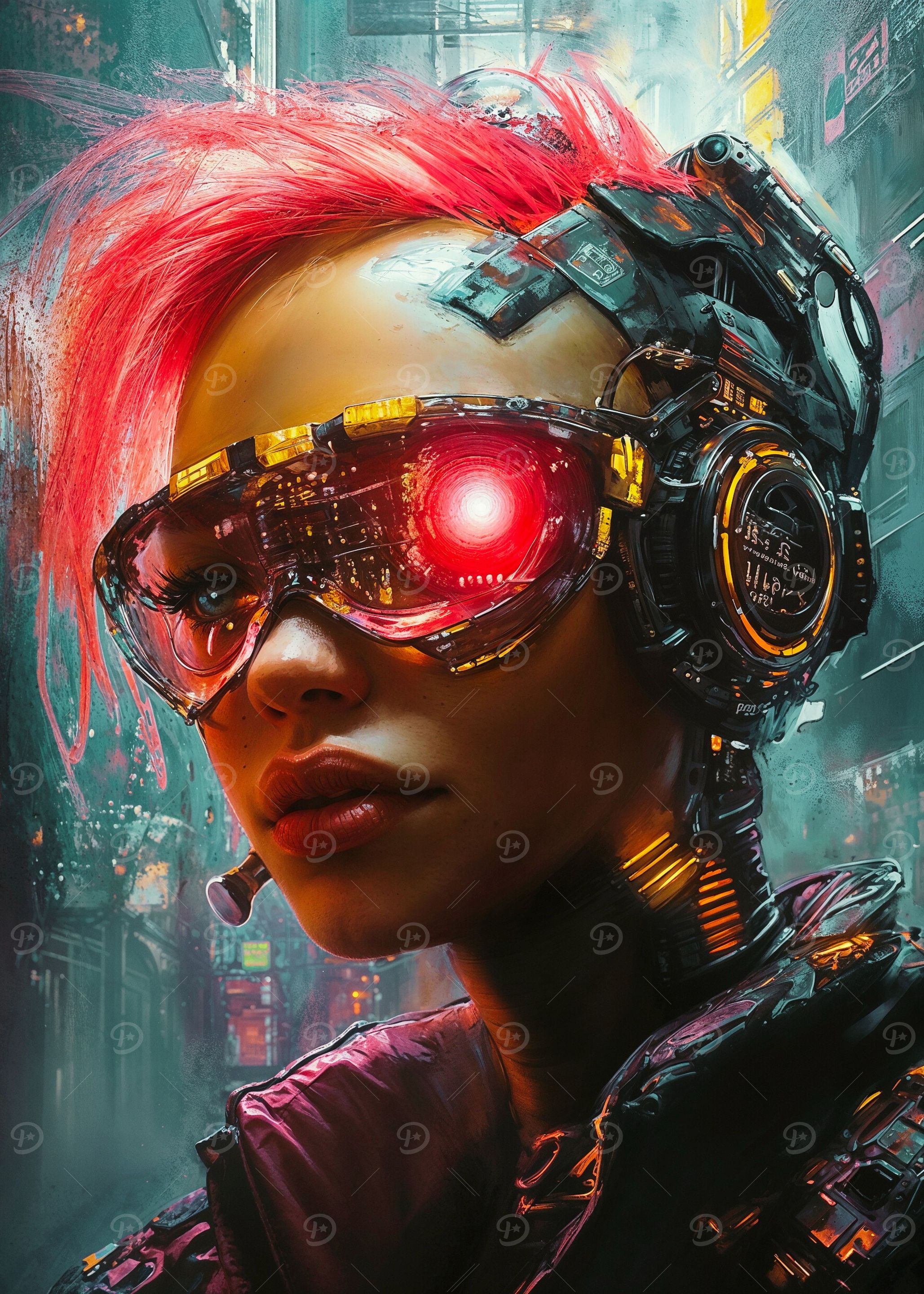 'Cyberpunk Woman with Red Eye' Poster, picture, metal print, paint by ...