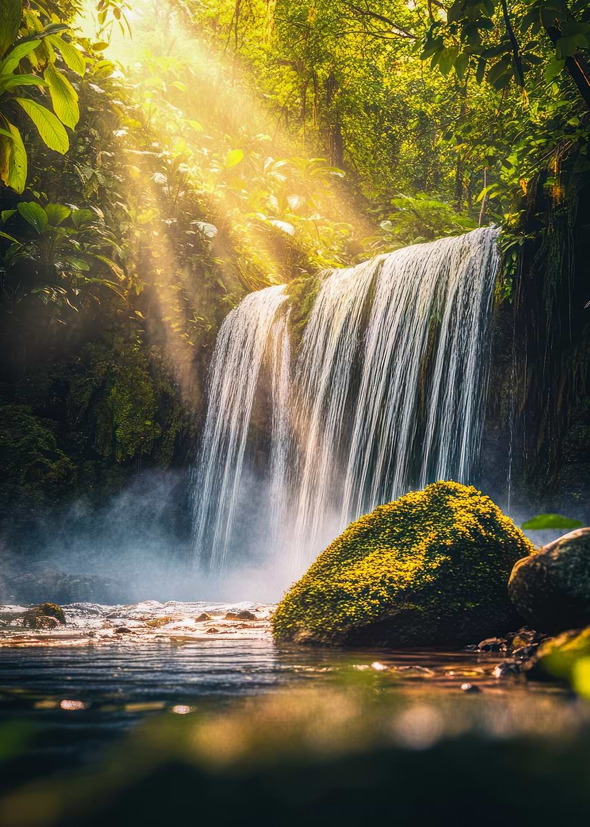'Waterfall in Lush Forest' Poster, picture, metal print, paint by ...