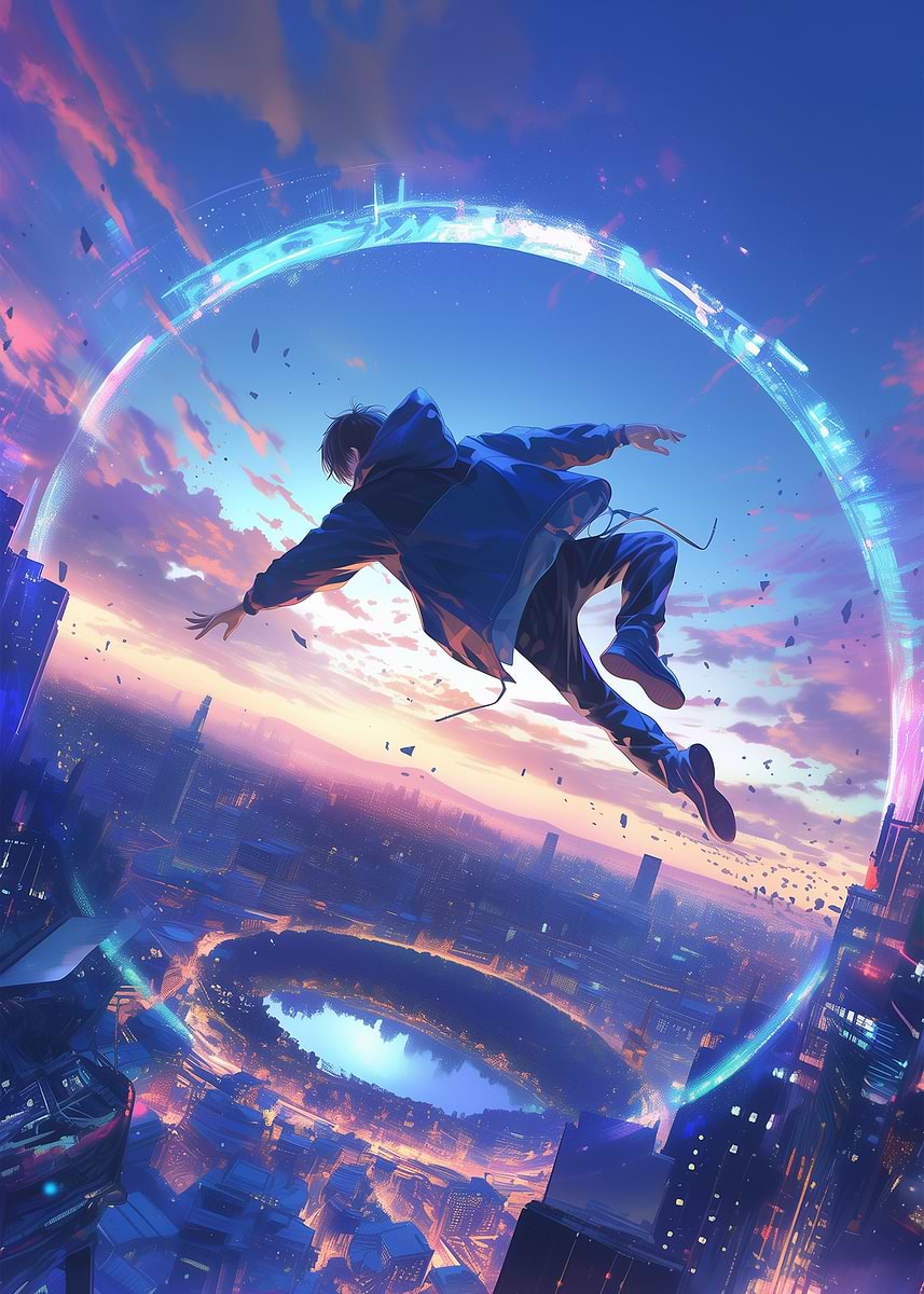 'Anime Cityscape with Falling Figure' Poster, picture, metal print ...