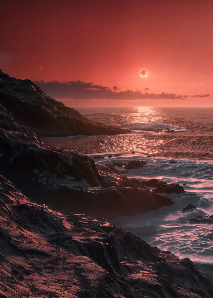 'Red Sunset Over Ocean' Poster, picture, metal print, paint by Stellar ...