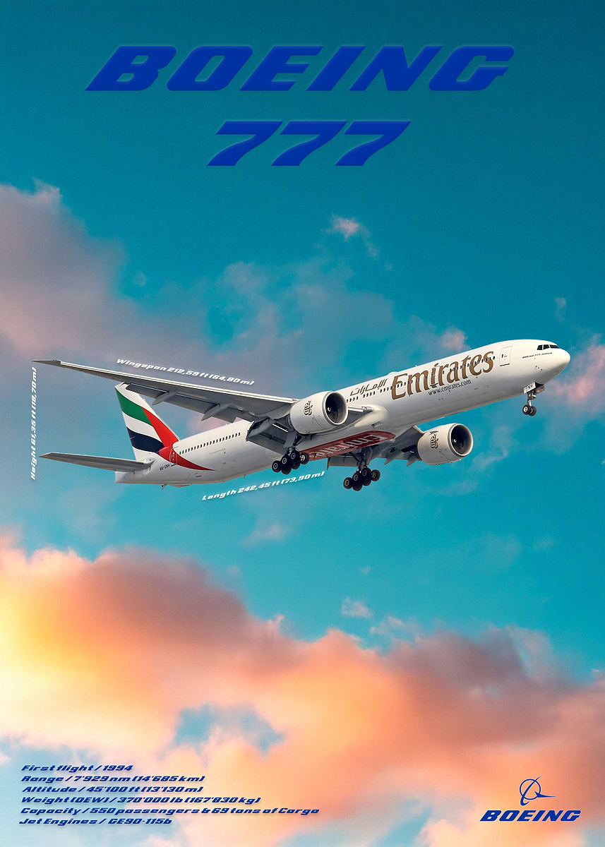 'Boeing 777 Emirates Airplane' Poster, picture, metal print, paint by ...