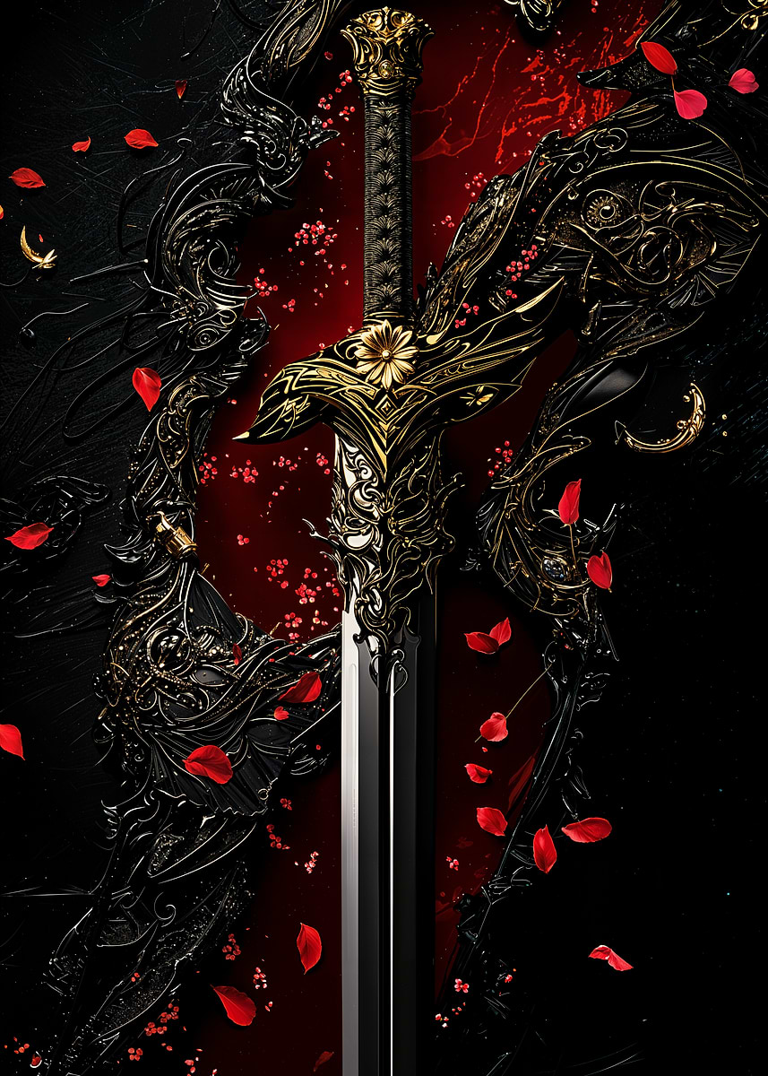 'Ornate Sword with Red Petals' Poster, picture, metal print, paint by ...
