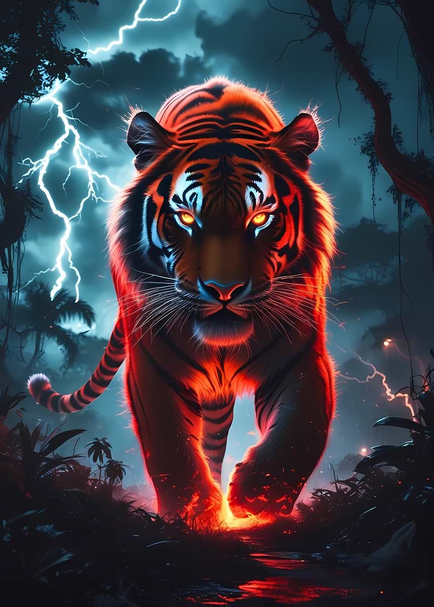 'Fiery Tiger in Storm' Poster, picture, metal print, paint by LIMA ART ...