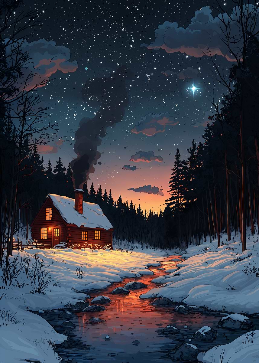 'Cozy Cabin in Winter' Poster, picture, metal print, paint by SuperNova ...
