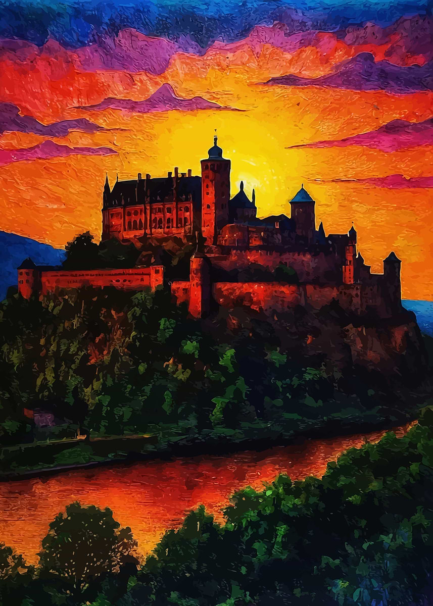 'Heidelberg Castle Sunset Painting' Poster, picture, metal print, paint ...