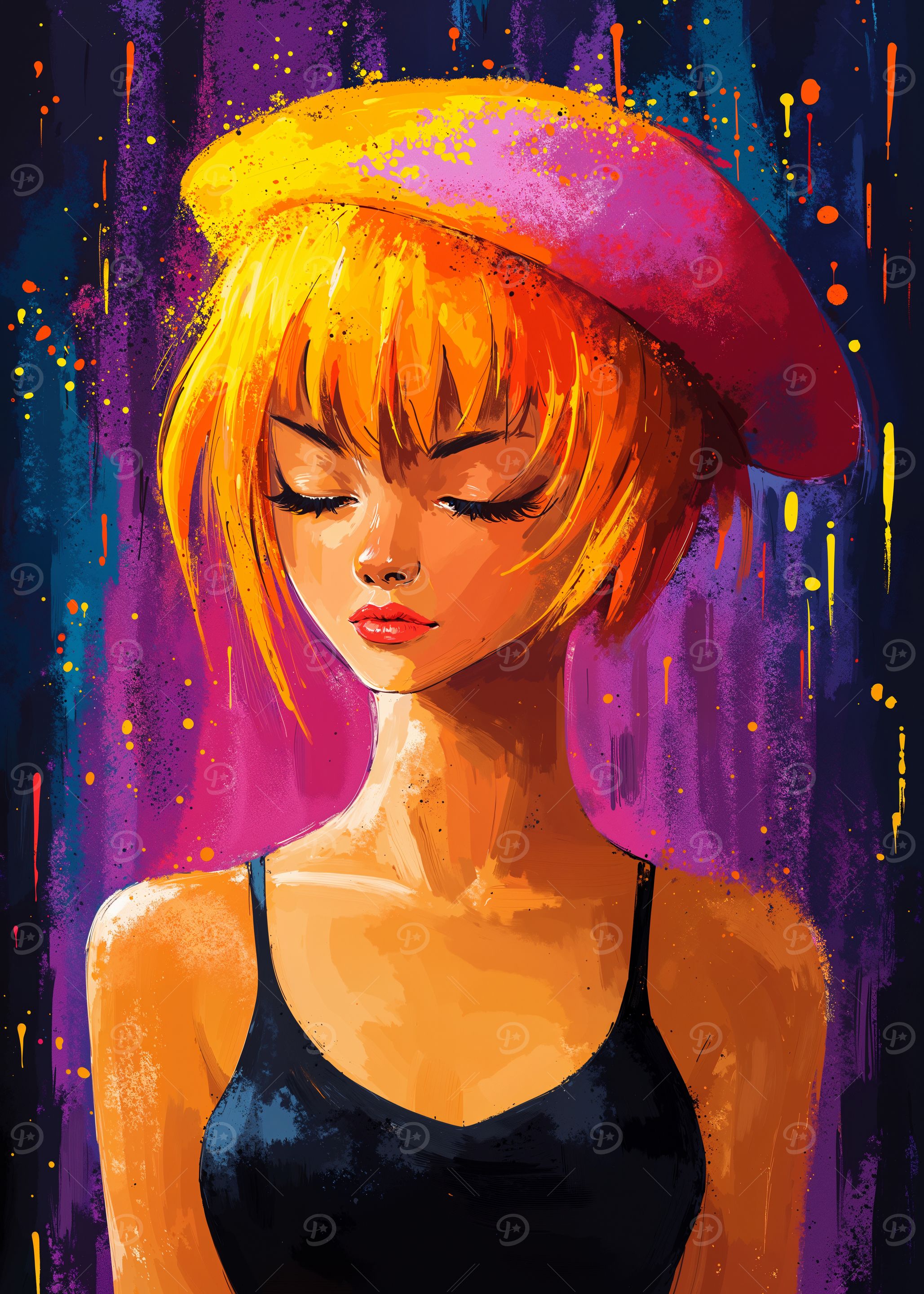 'Girl with Beret' Poster, picture, metal print, paint by Tomoo | Displate