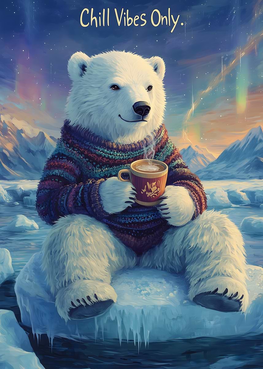 'Polar Bear Chill Vibes In snow With Aurora' Poster, picture, metal ...