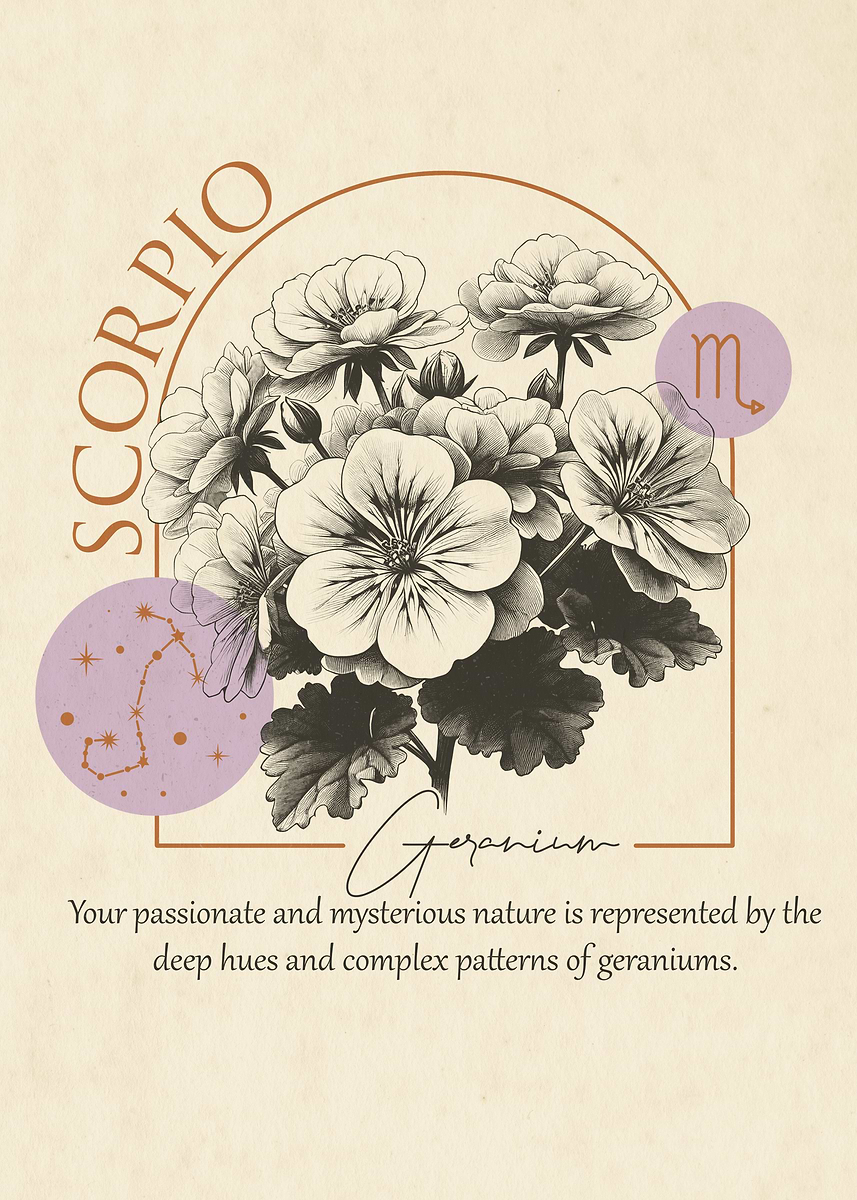 'Scorpio Zodiac Geranium' Poster, picture, metal print, paint by ...