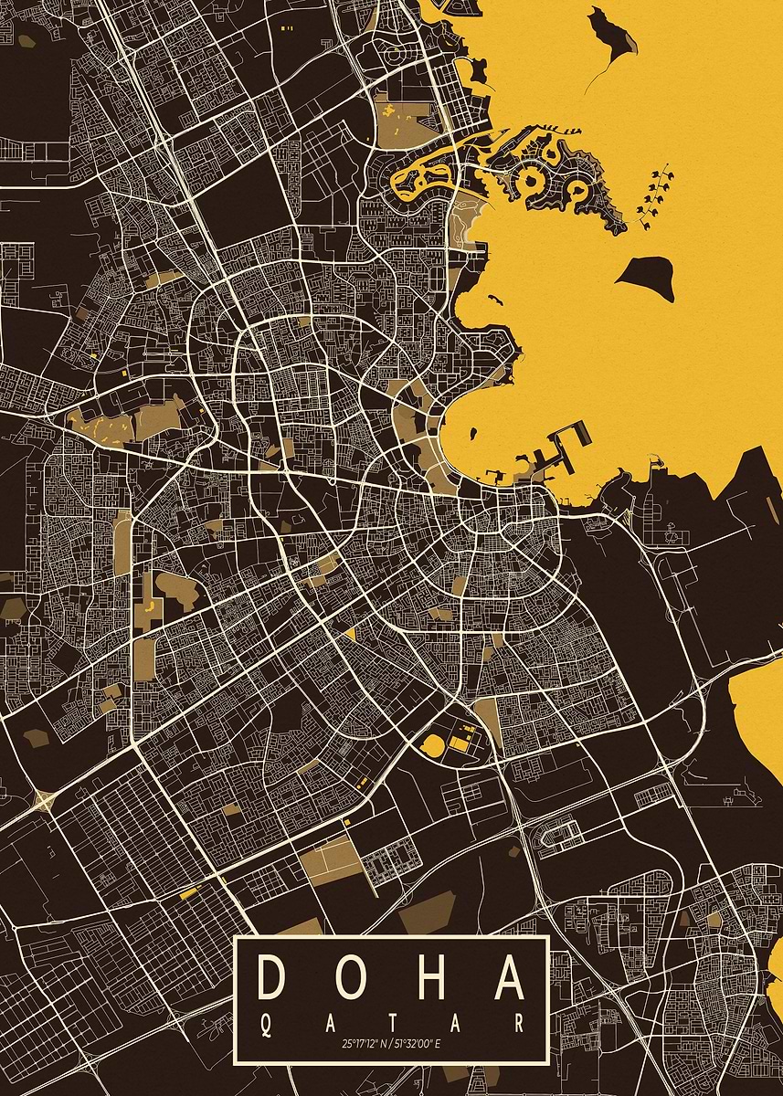 'Doha City Map Qatar Pastel' Poster, picture, metal print, paint by ...