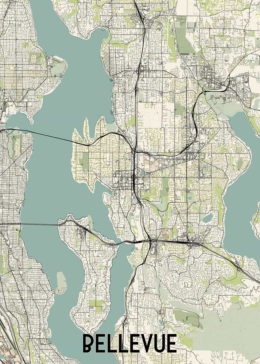 'Bellevue City Map' Poster, picture, metal print, paint by Sam Kal ...