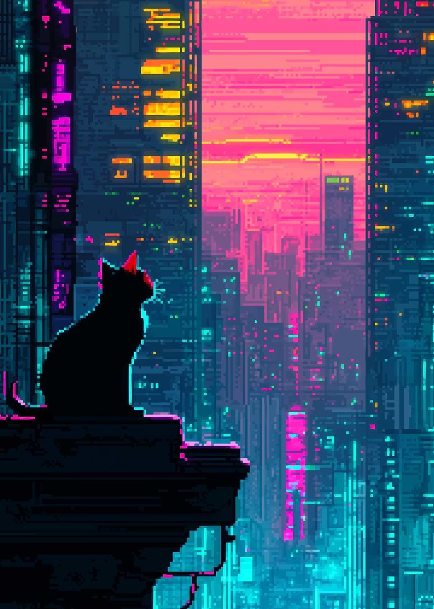 'Pixel Cyber Cat Cityscape' Poster, picture, metal print, paint by ...